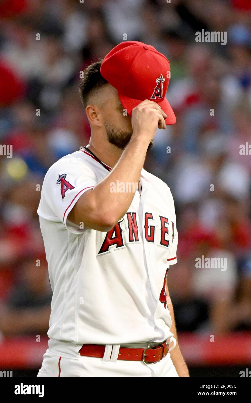 Los Angeles Angels pitcher Patrick Sandoval walks off the mound during ...