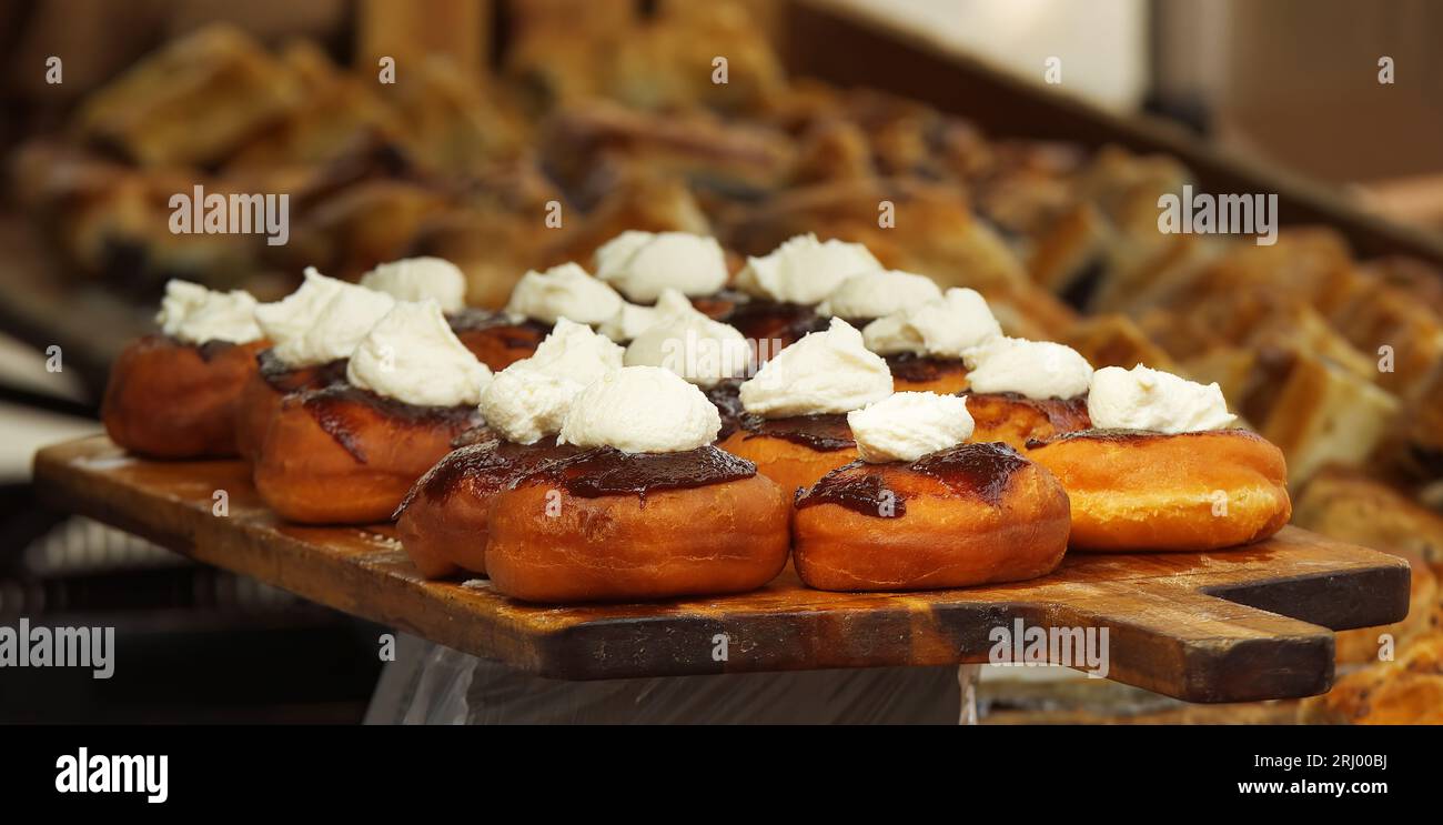 Bavarian doughnuts, deep fried doughnuts with fruit jam and farmers ...