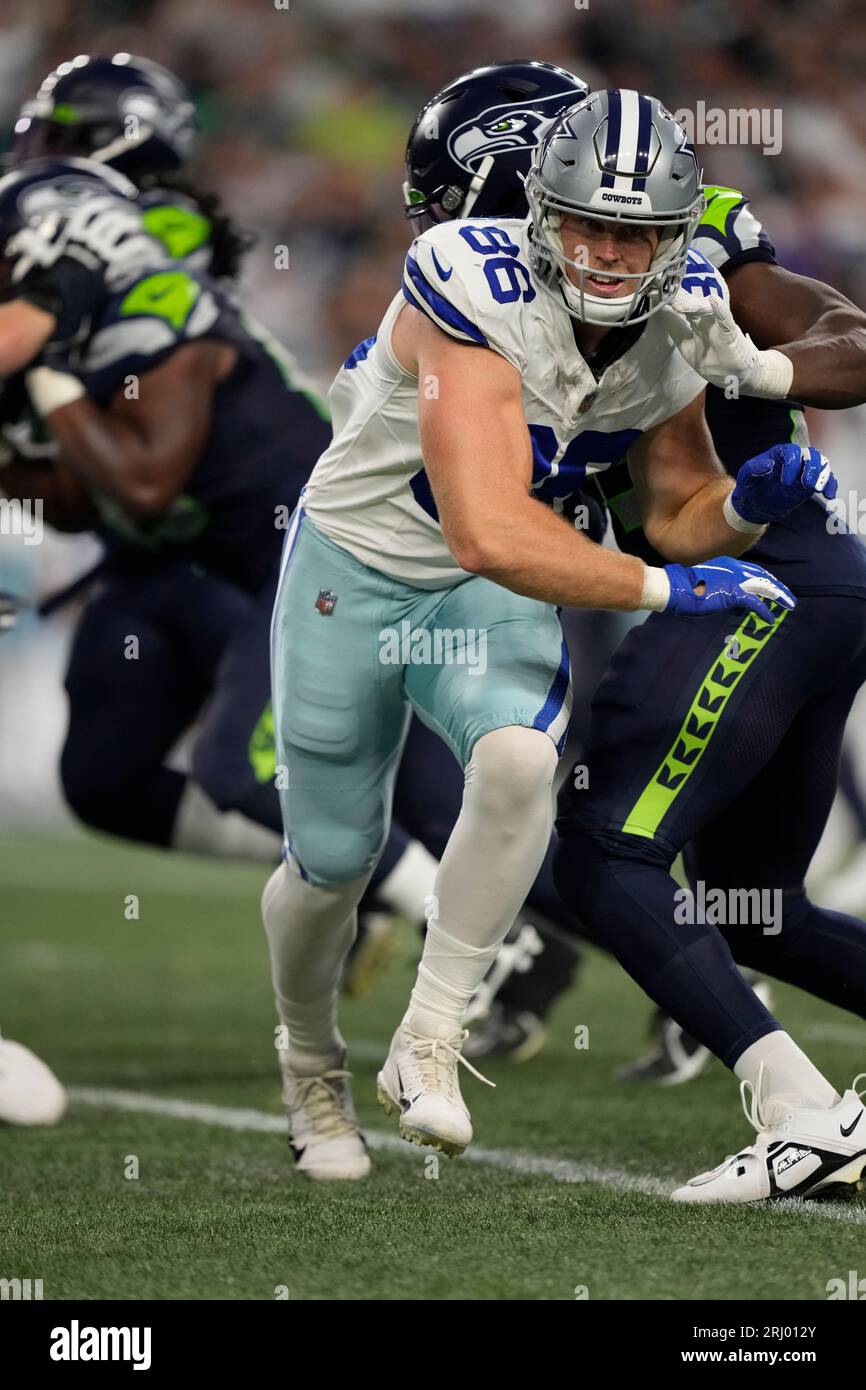 Dallas Cowboys tight end Luke Schoonmaker (86) runs during an NFL pre ...