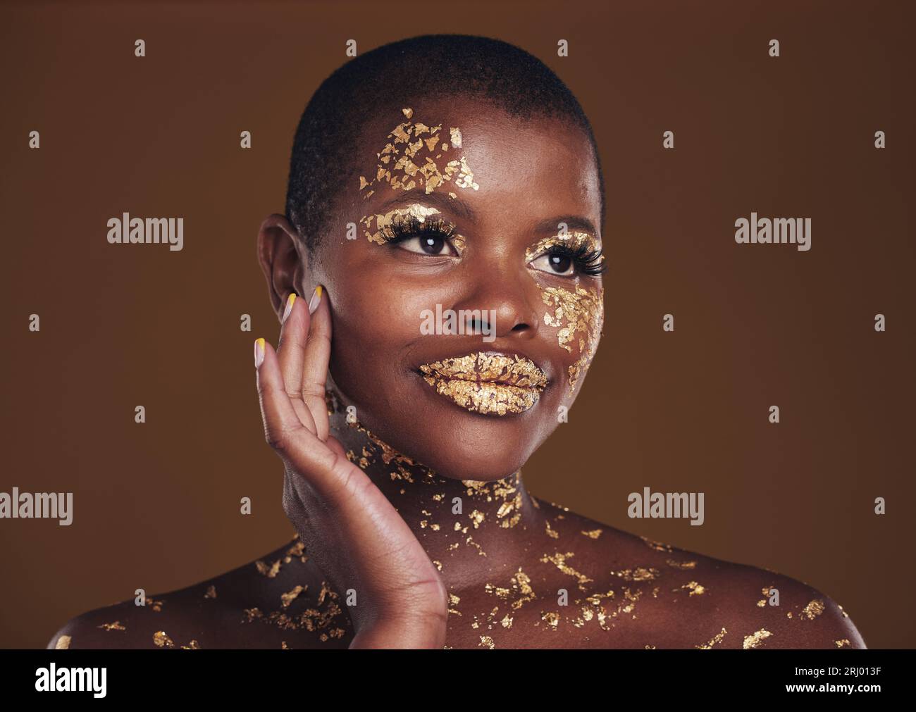 Art, paint on black woman with gold makeup and brown background ...
