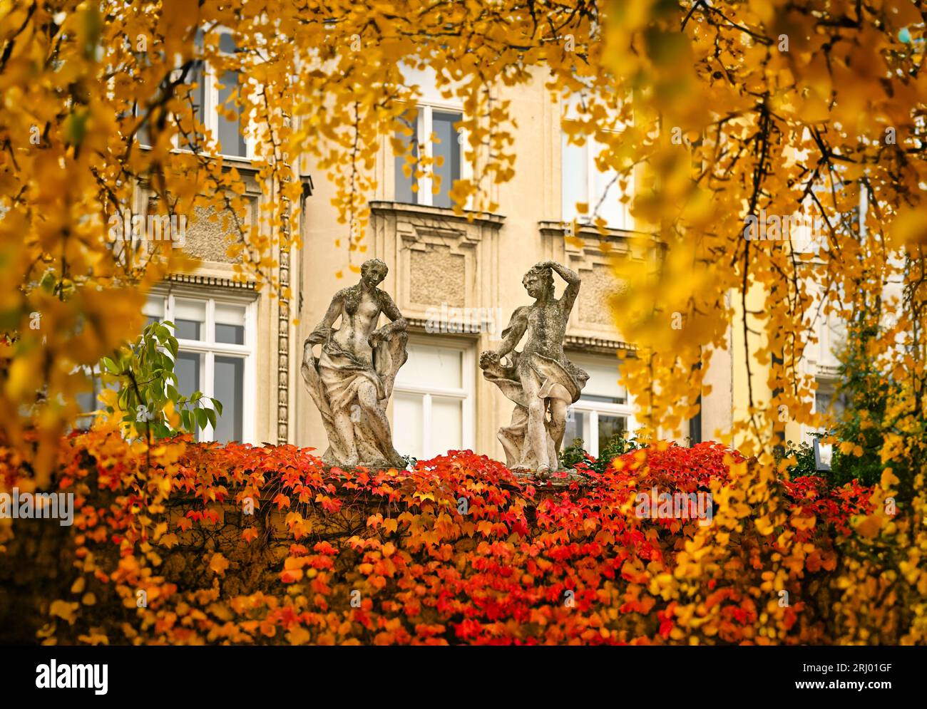 old statues and colorful autumn foliage in Vienna Austria Stock Photo ...