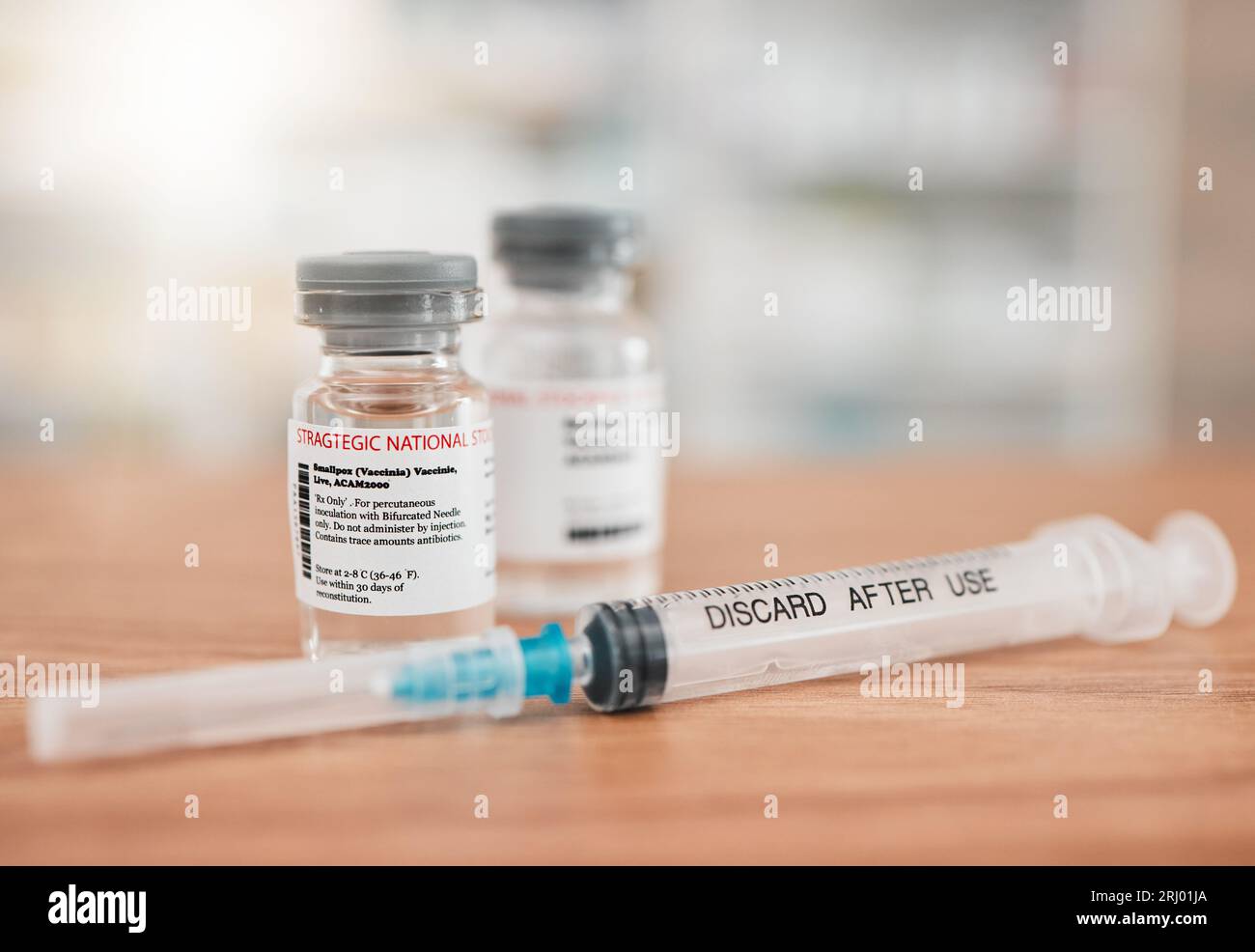 Pharmacy, syringe and vial in vaccine for medication, illness or cure ...