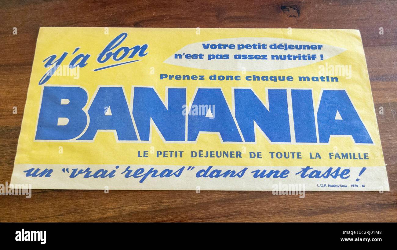 Bordeaux , France - 08 18 2023 : Banania old advertising paper hat with ...