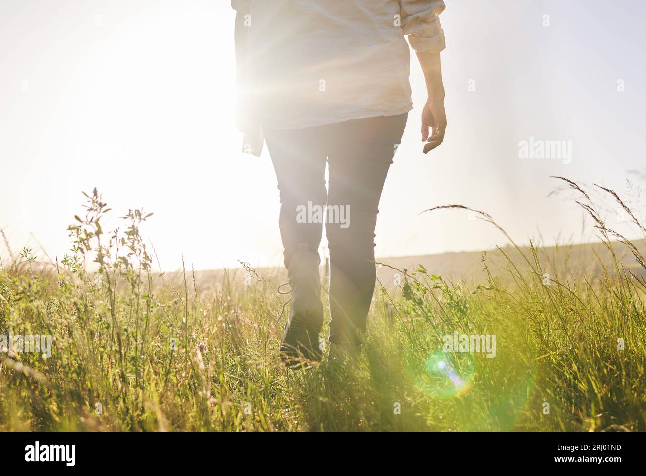 Back, sunrise and a woman walking on a farm for sustainability or ...