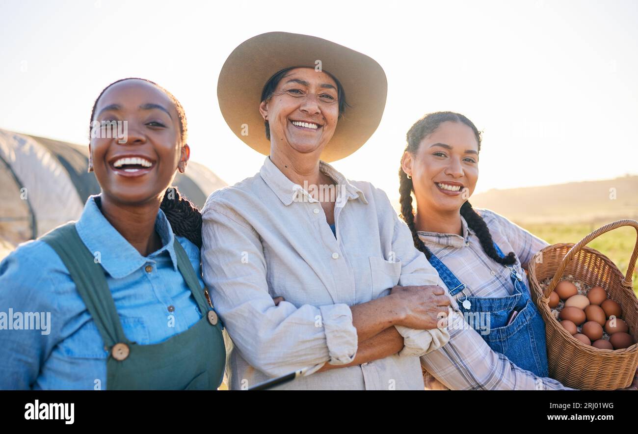 Chicken farm, women portrait and eggs outdoor with management and ...