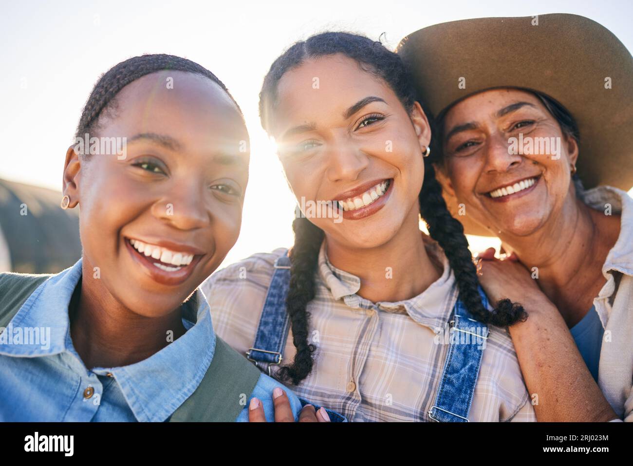 Women, farming and group portrait with smile, countryside and friends ...