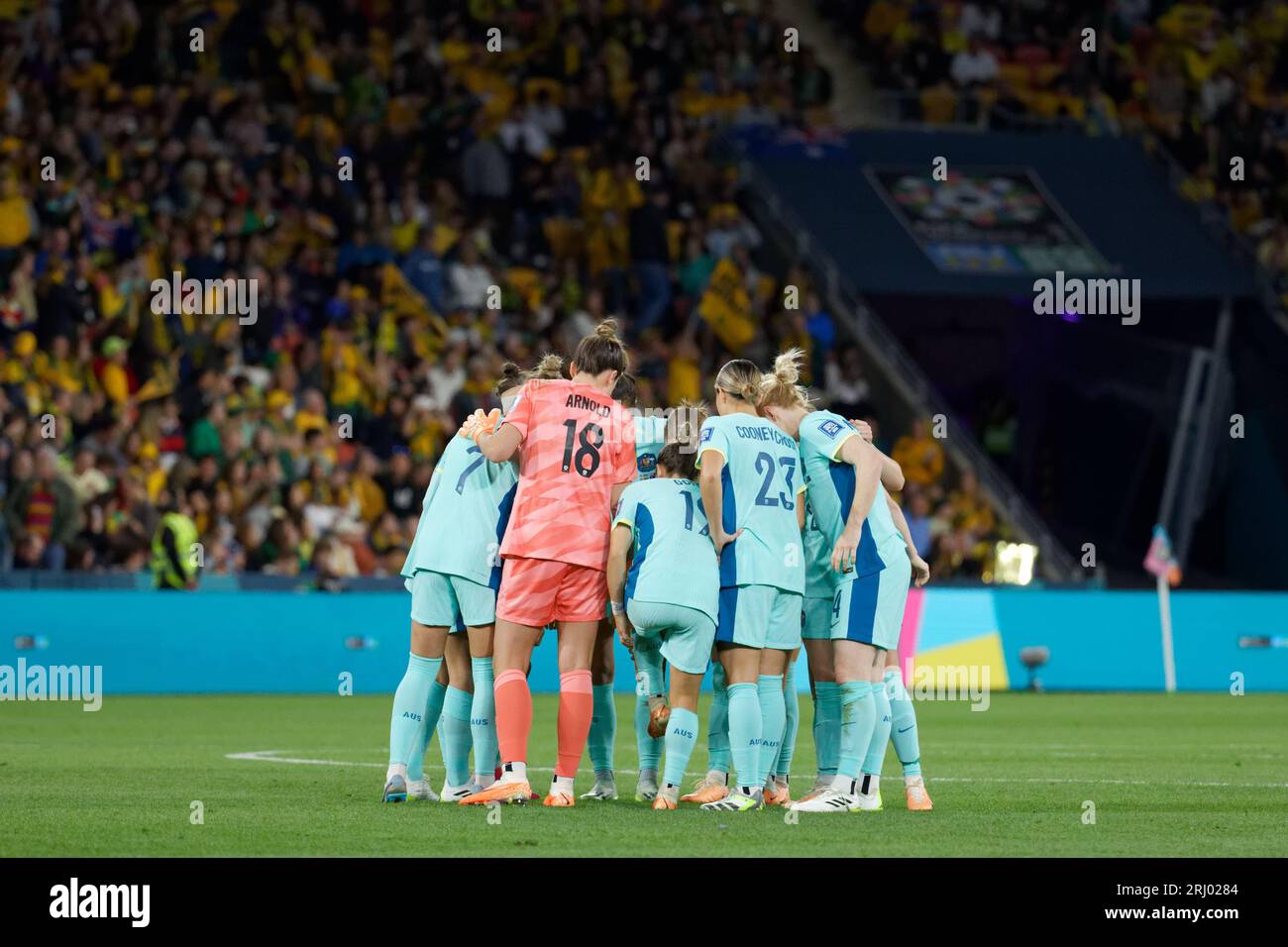 Brisbane, Australia. 19th Aug, 2023. Australian players huddle together ...