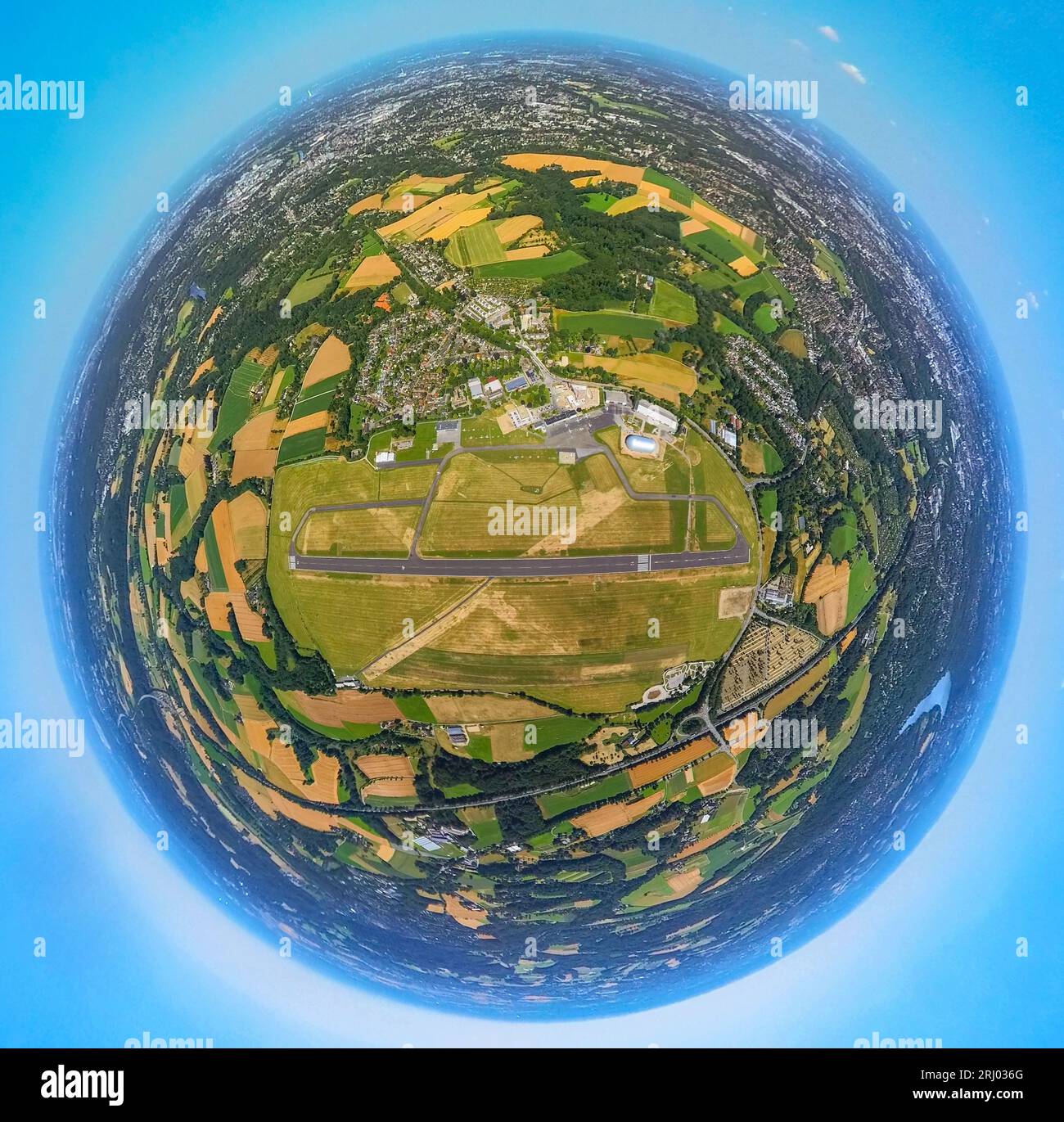 Aerial view, Essen/Mülheim airport, runway, Zeppelin hangar, globe ...