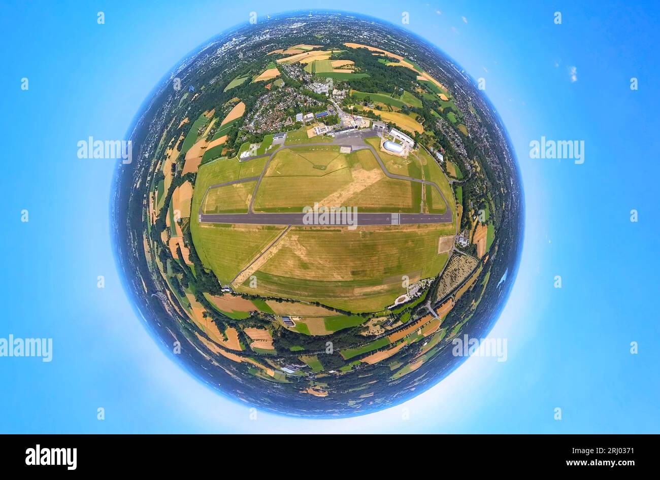 Aerial view, Essen/Mülheim airport, runway, Zeppelin hangar, globe ...