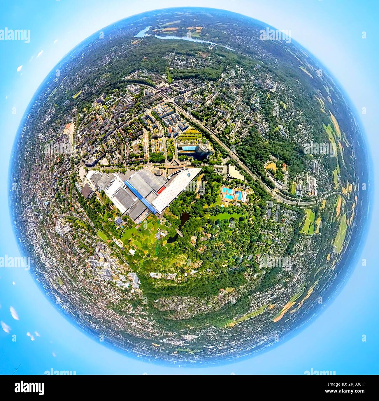 Aerial view, Messe Essen, Grugahalle and Grugapark, freeway A52, globe ...