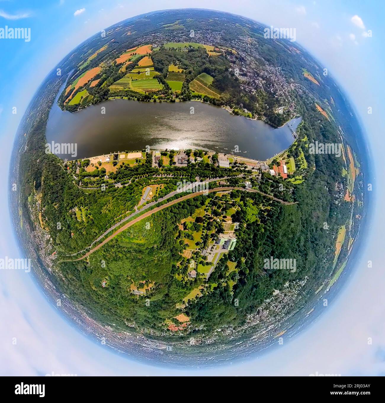 Aerial view, Baldeneysee, globe, fisheye shot, 360 degree shot, tiny ...