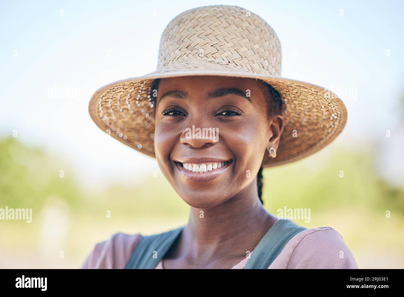Smile, countryside and portrait of black woman on farm with sustainable ...