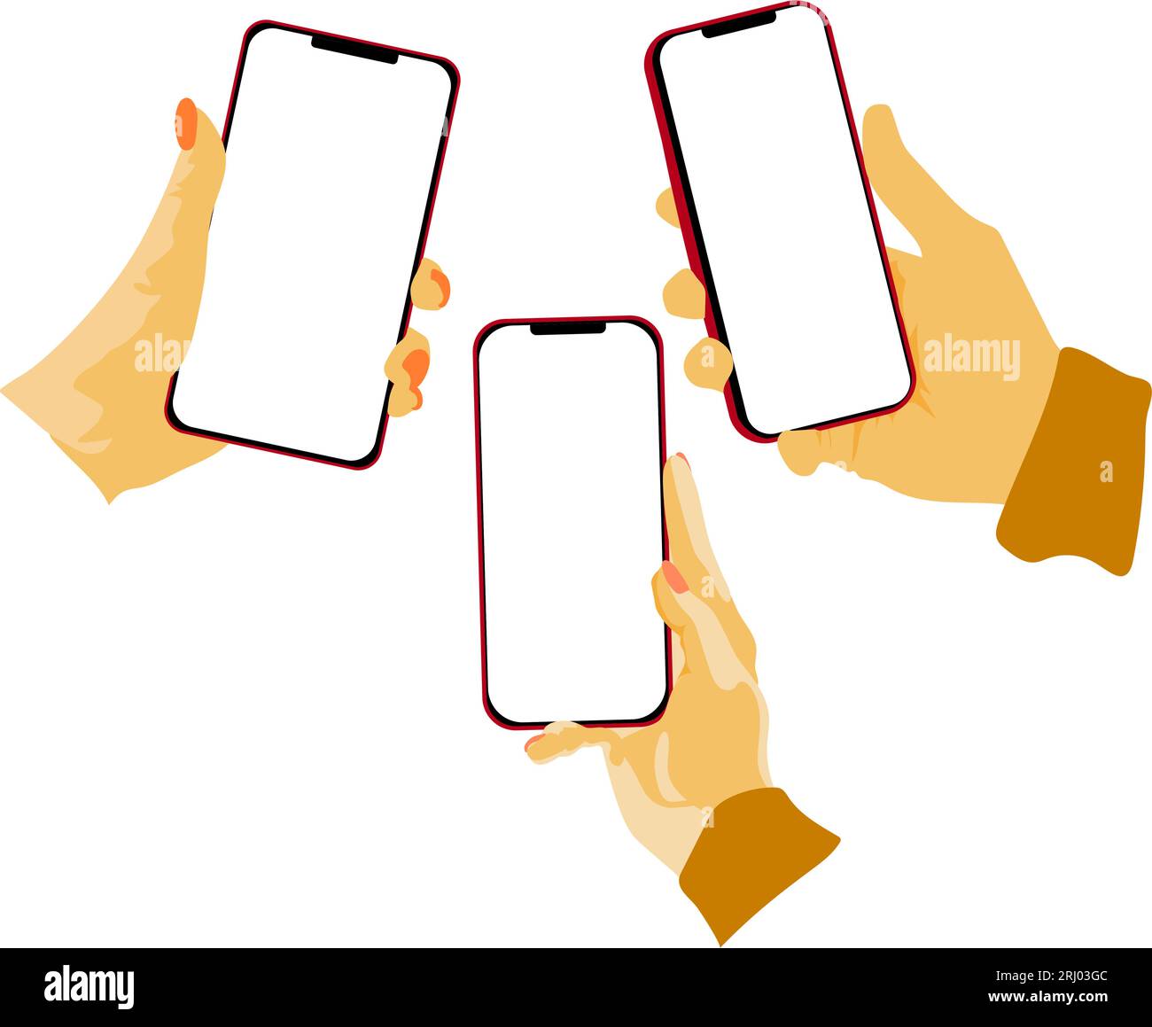 Flat vector hands with phones. Hands holding phones with empty screens mock up. Social media ...