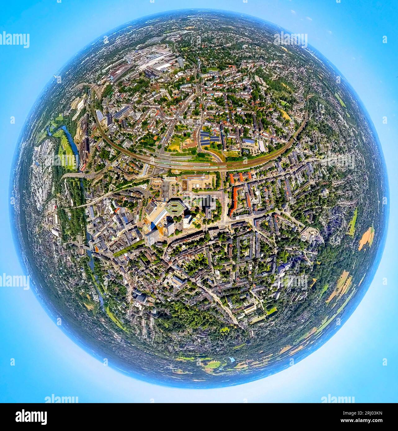 Aerial view, main station and old town, globe, fisheye shot, 360 degree ...