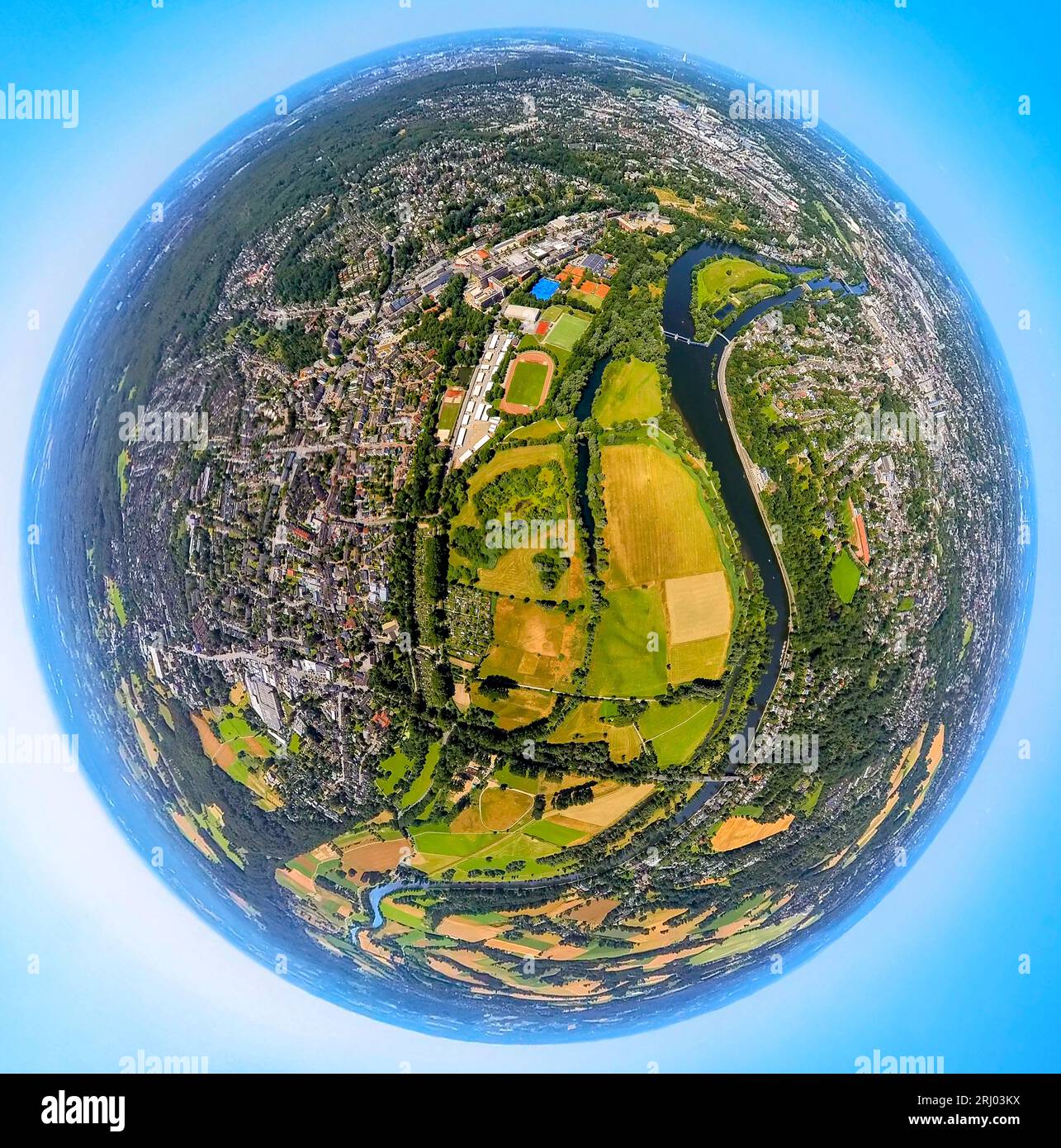 Aerial view, river Ruhr and Saarn-Mendener Ruhraue, sports facility ...