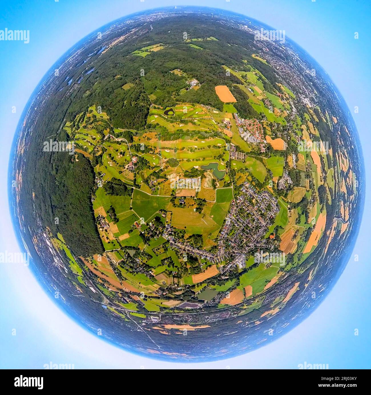 Aerial view, golf course golf club Mülheim an der Ruhr, globe, fisheye ...