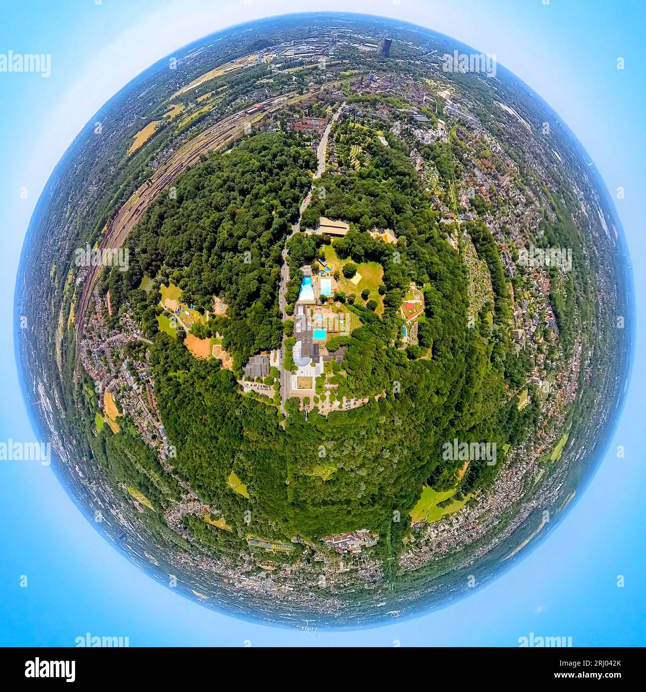 Aerial view, Revierpark Vonderort local recreation, globe, fisheye shot ...