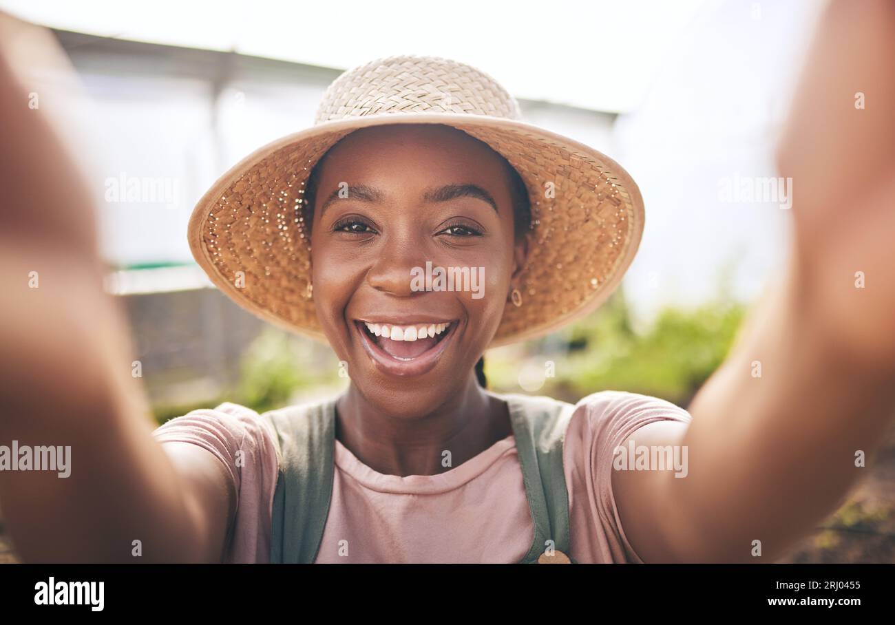 Farming, smile and selfie of black woman in greenhouse, sustainable ...