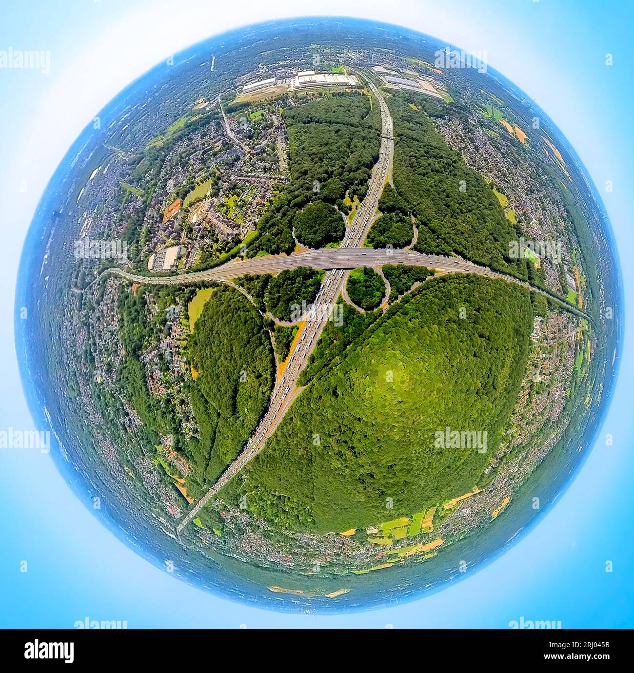 Aerial view, freeway junction Oberhausen with traffic jam, freeway A2 ...