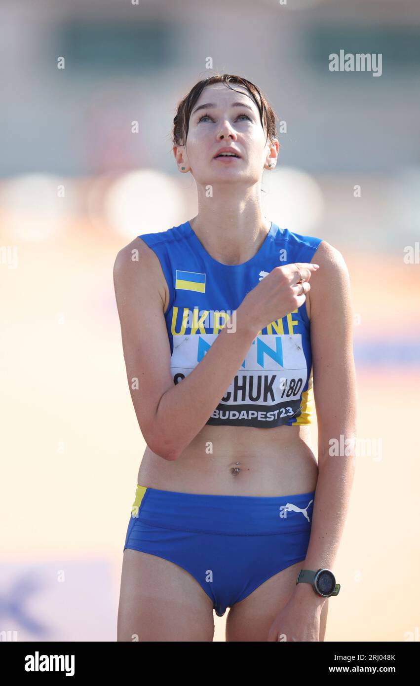 Olena SOBCHUK of Ukraine reacts after competing in the women's 20km walk of the World Athletics ...