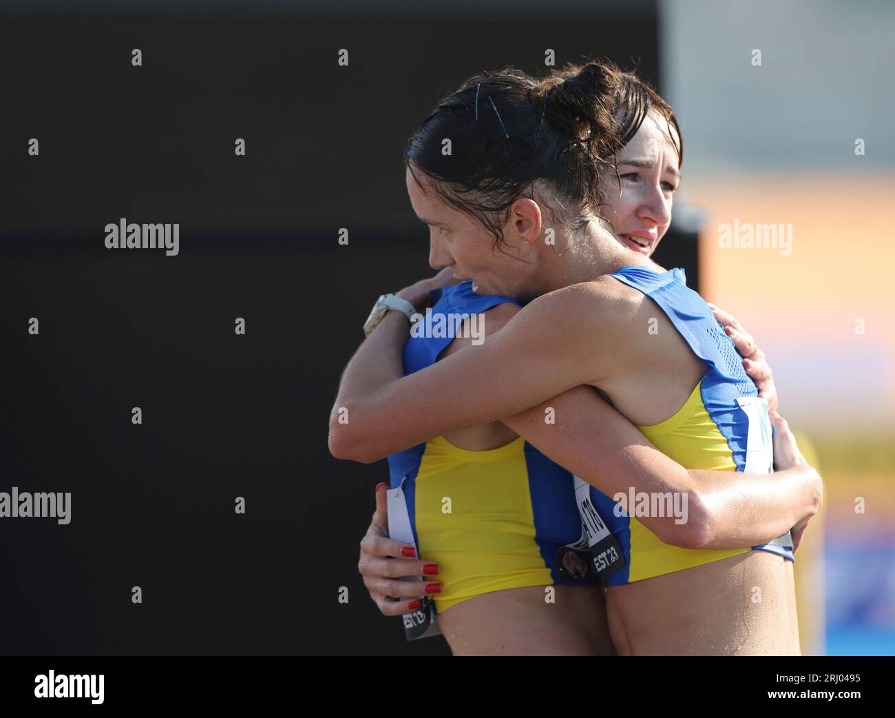Olena SOBCHUK (L) and Lyudmila OLYANOVSKA of Ukraine hug after ...