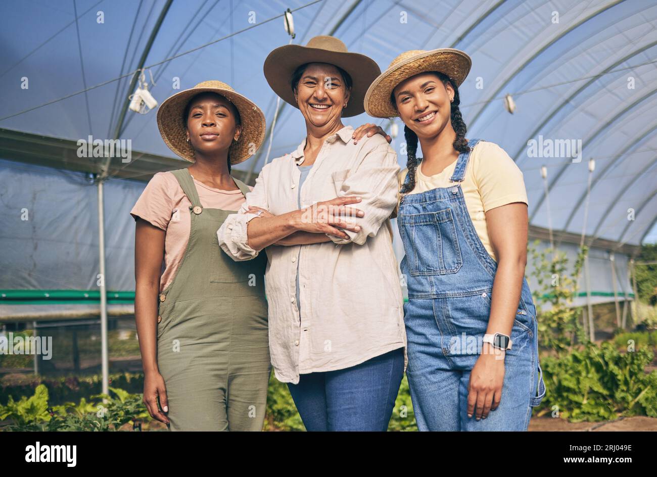 Women, farming and group portrait in greenhouse, countryside and ...
