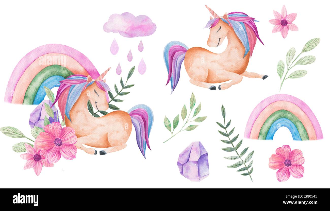 Composition with unicorn,rainbow, flowers and leaves, cloud with ...