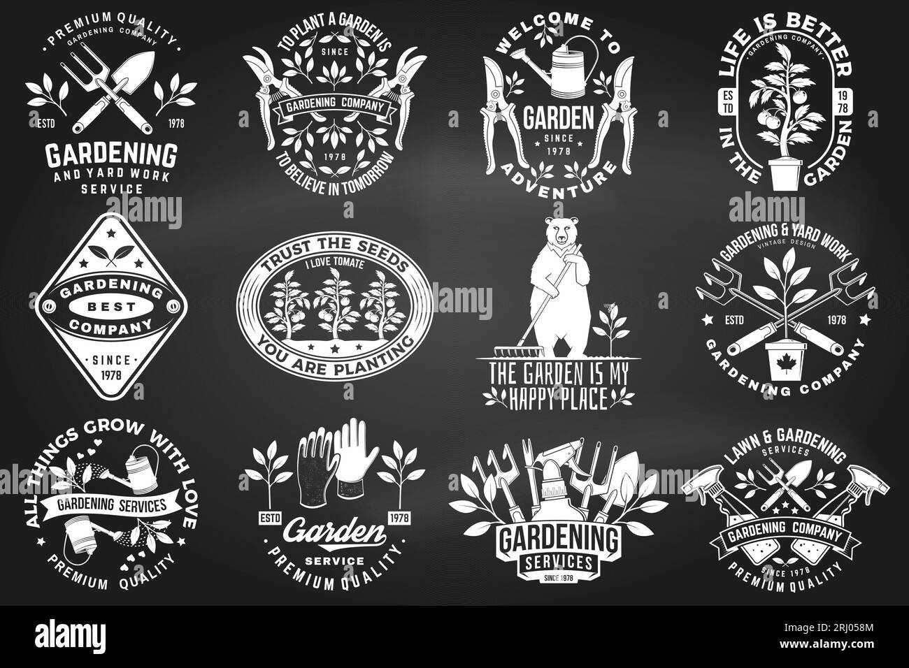 Set of gardening and yard work services emblem, label, badge, logo on ...