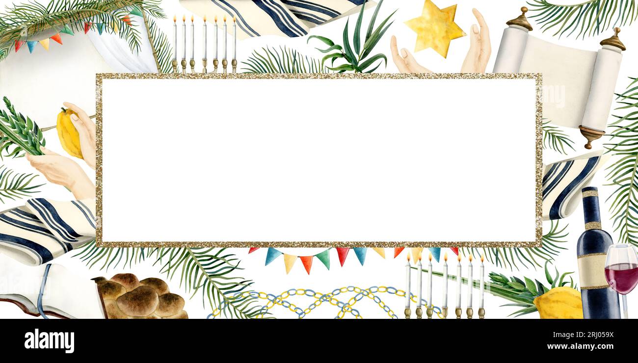 Jewish Sukkot horizontal frame illustration. Rectangular greeting ...