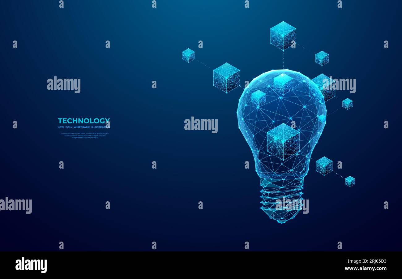 Abstract linked blocks and light bulb on technology blue background ...