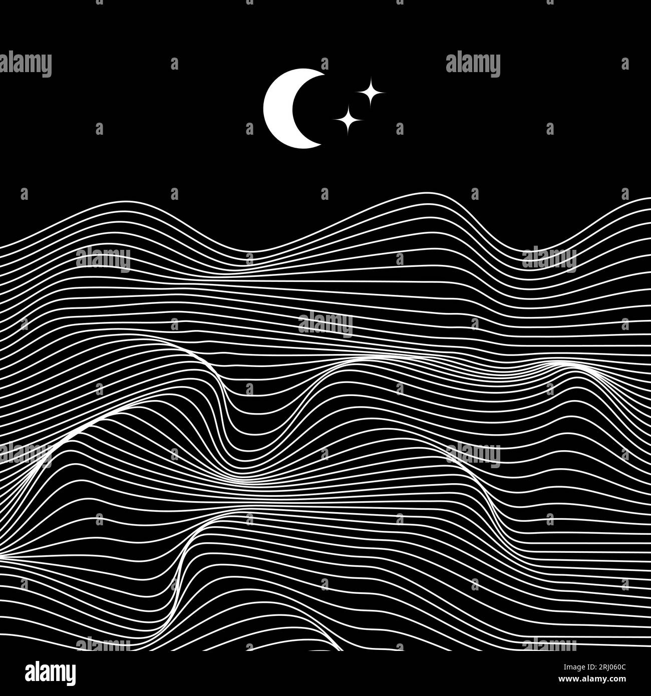 Linear abstract mountains waves on dark background, Moon over wavy ...