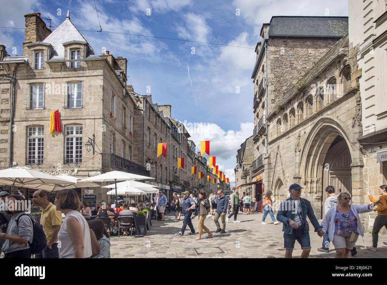 cafe bars and fine old buildings in the town of dinan brittany Stock ...