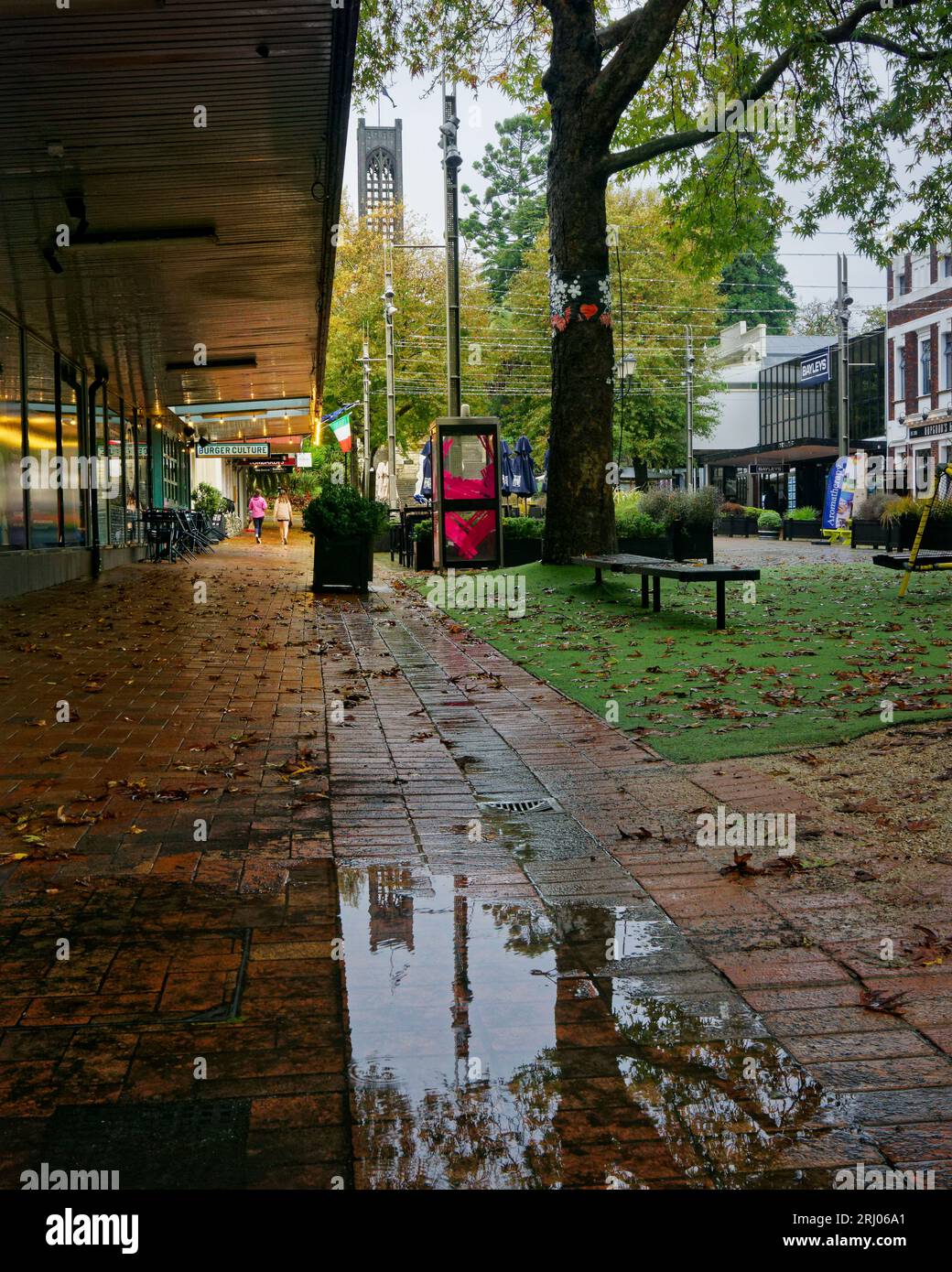 The tower and belfry of Nelson Anglican Cathedral reflected in a puddle ...
