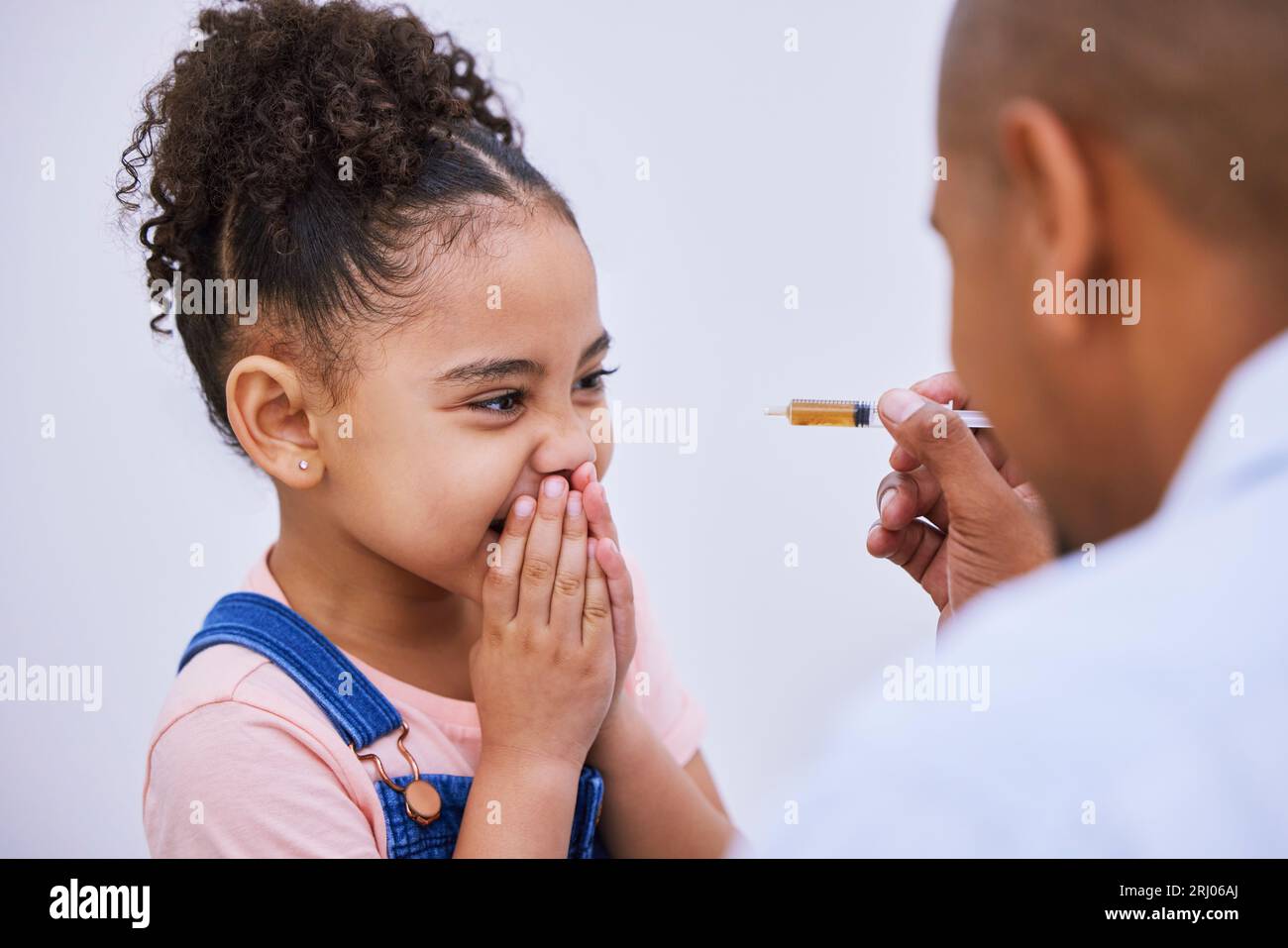 Virus, syringe and disgust with child and medicine for consulting ...