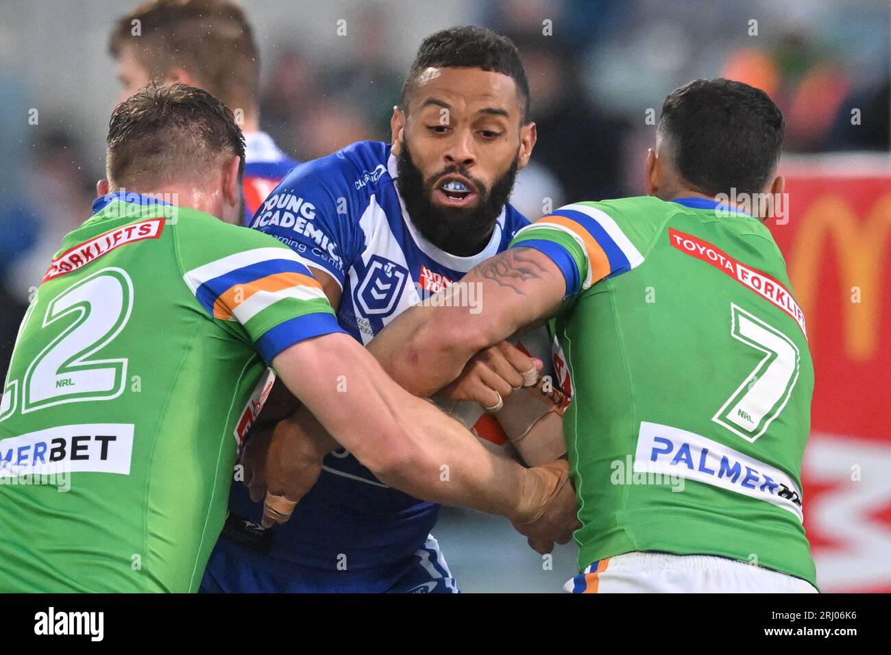 Canberra, Australia. 20th Aug, 2023. Josh Ado-Carr of the Bulldogs is ...