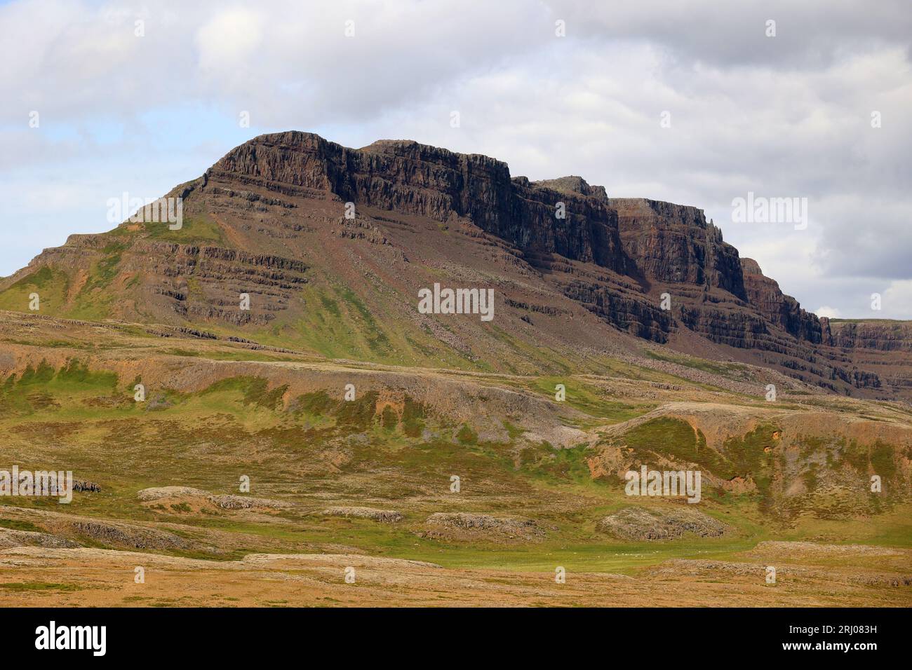 Icelandic landscape seen from extinct volcano crater Grabrok-Island ...