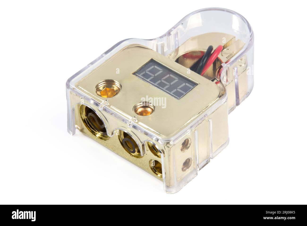 Modern car battery terminal many contacts with voltmeter Stock Photo ...