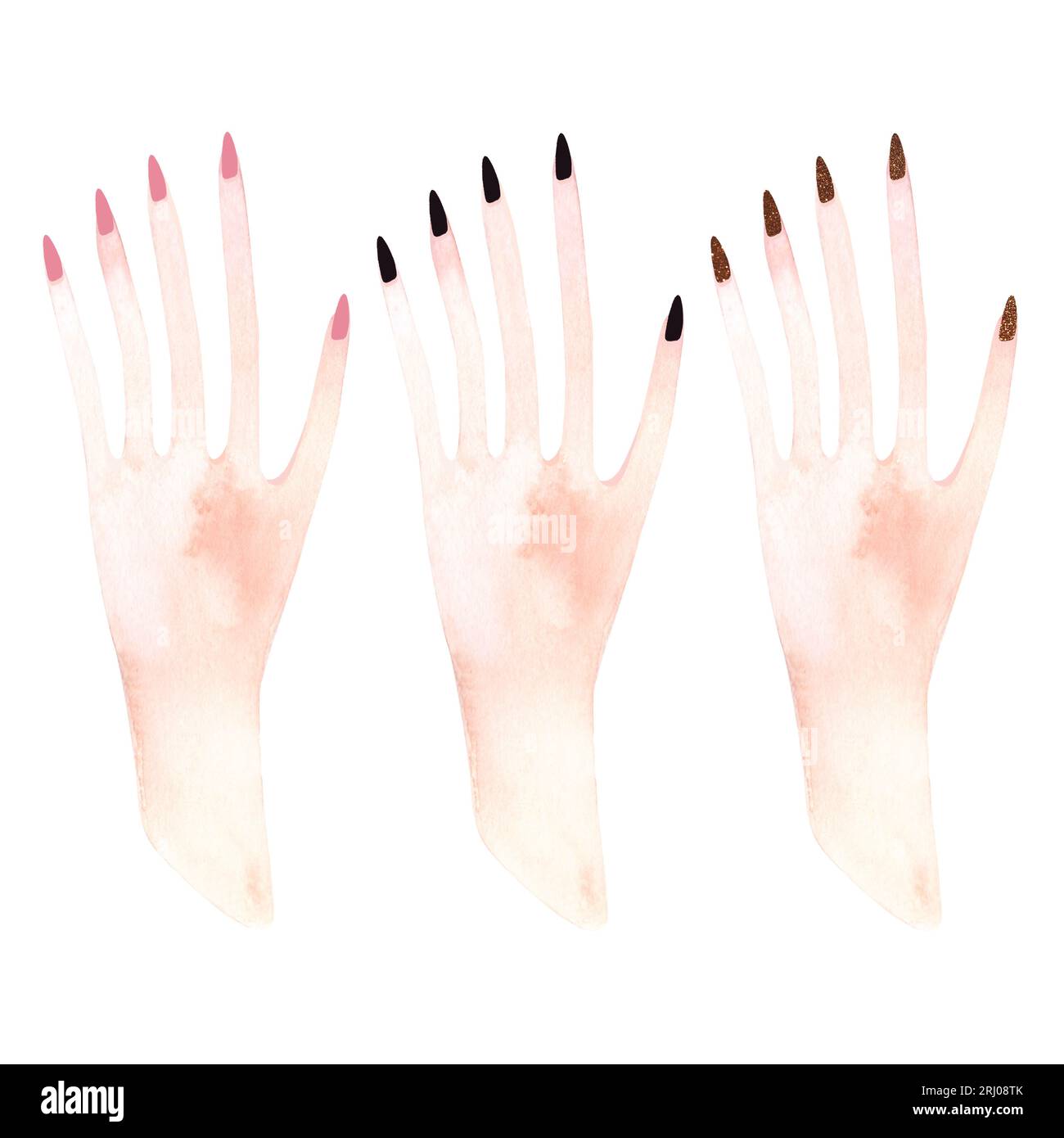 Women's feminine hands with black, gold and pink manicure. Pale natural ...