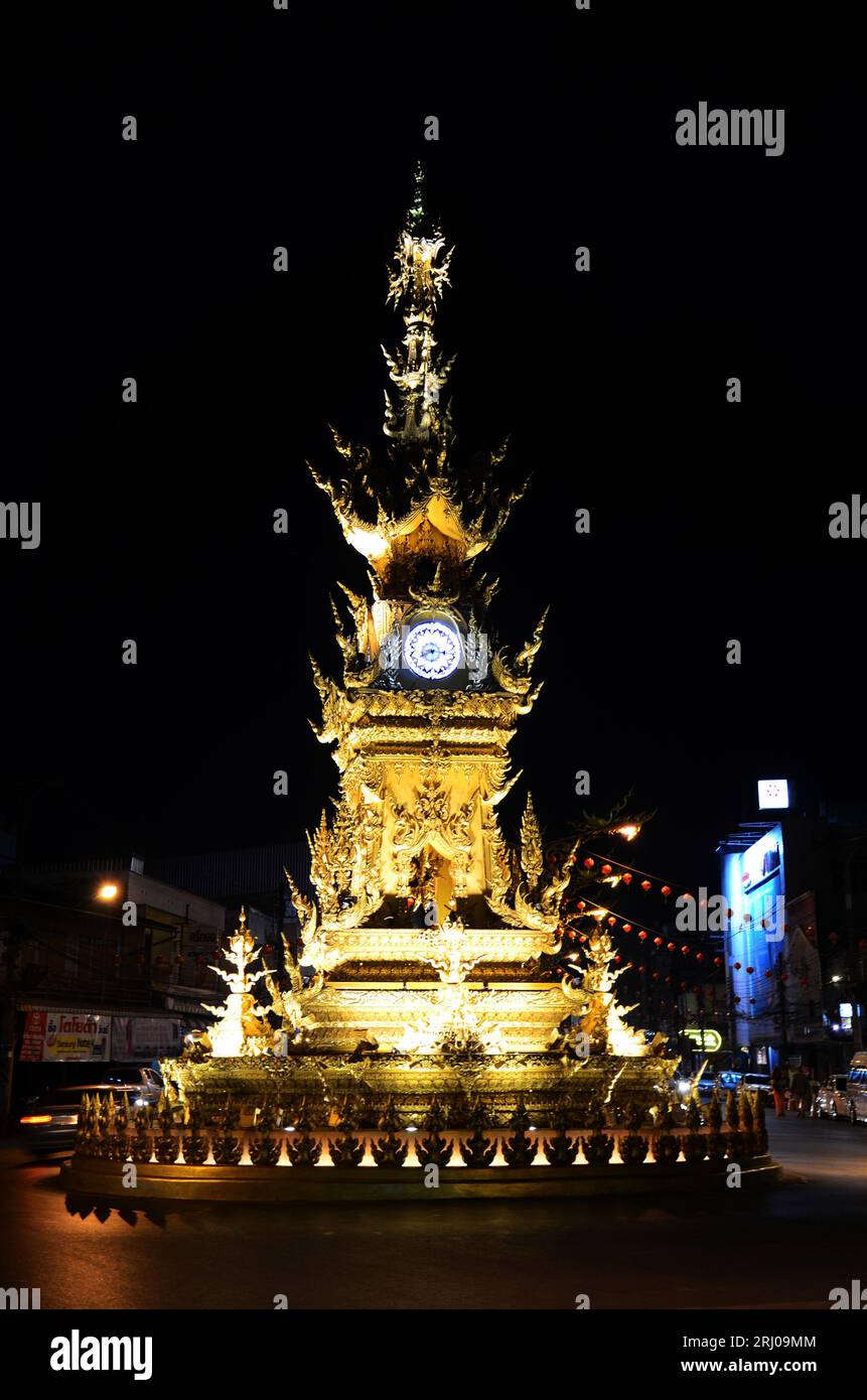 Landscape cityscape and traffic road at roundabout circle golden clock ...