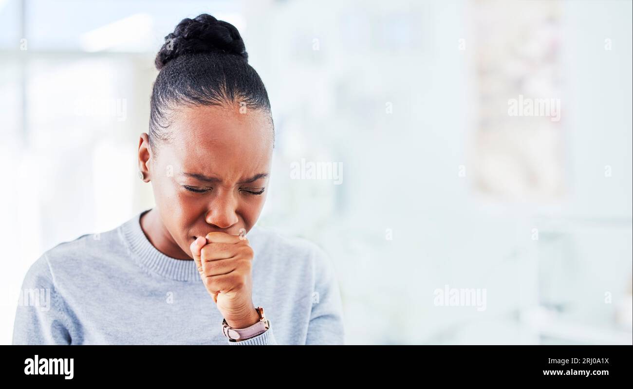 Sick, cough and black woman with sore throat at home for influenza ...