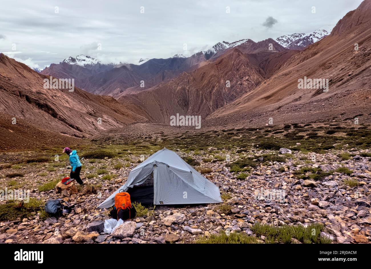 Camping below the Nialo Kontse La Pass on a trek to Zanskar, Ladakh ...