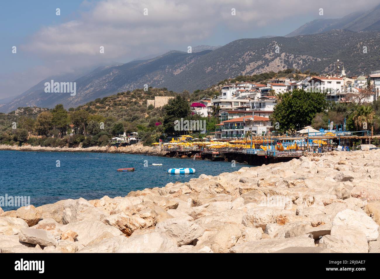 Kas harbour, restaurant and sunbathing platform, Kas, Turkey Stock ...