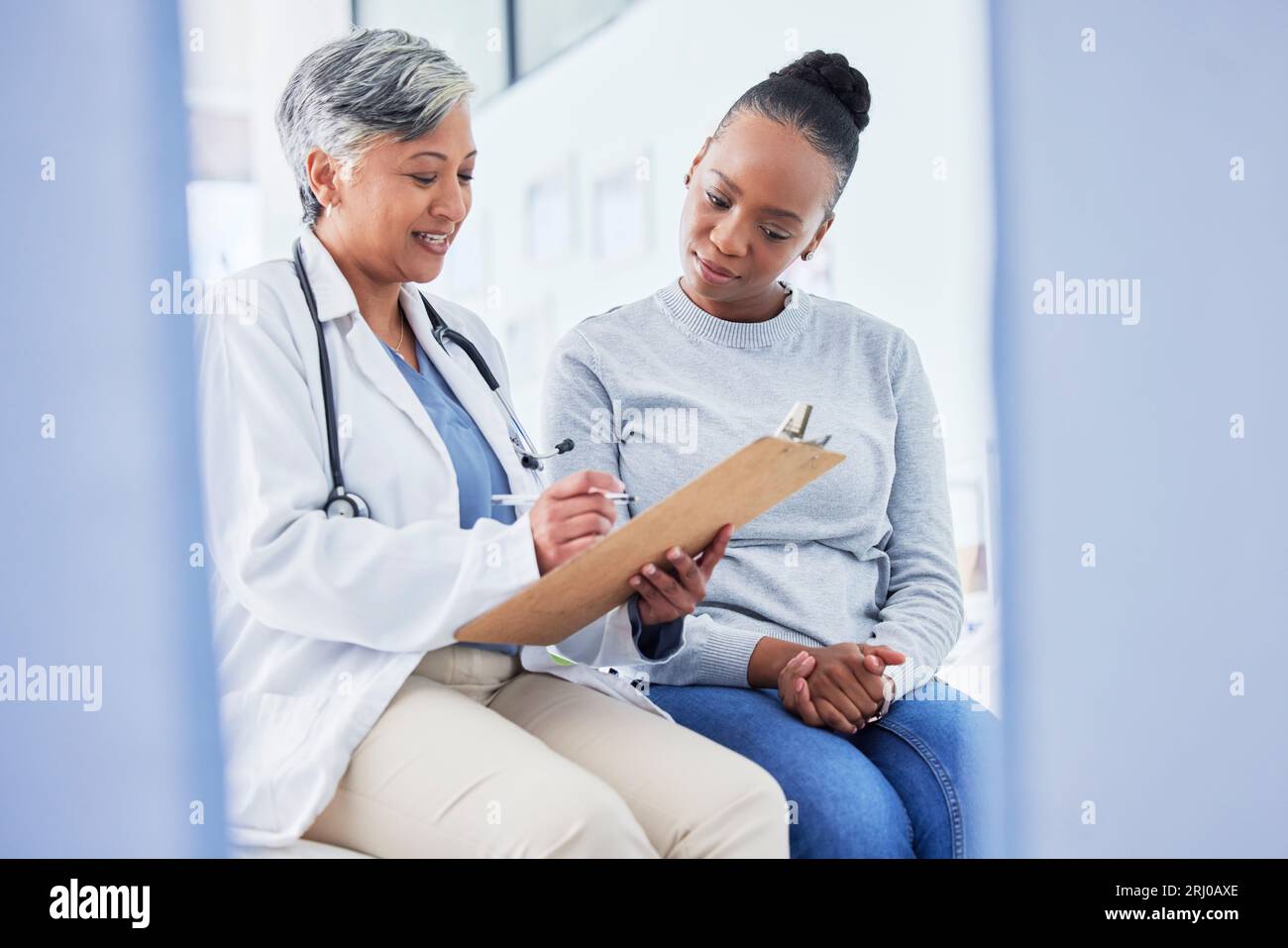 Doctor, women and checklist in healthcare support, hospital services ...