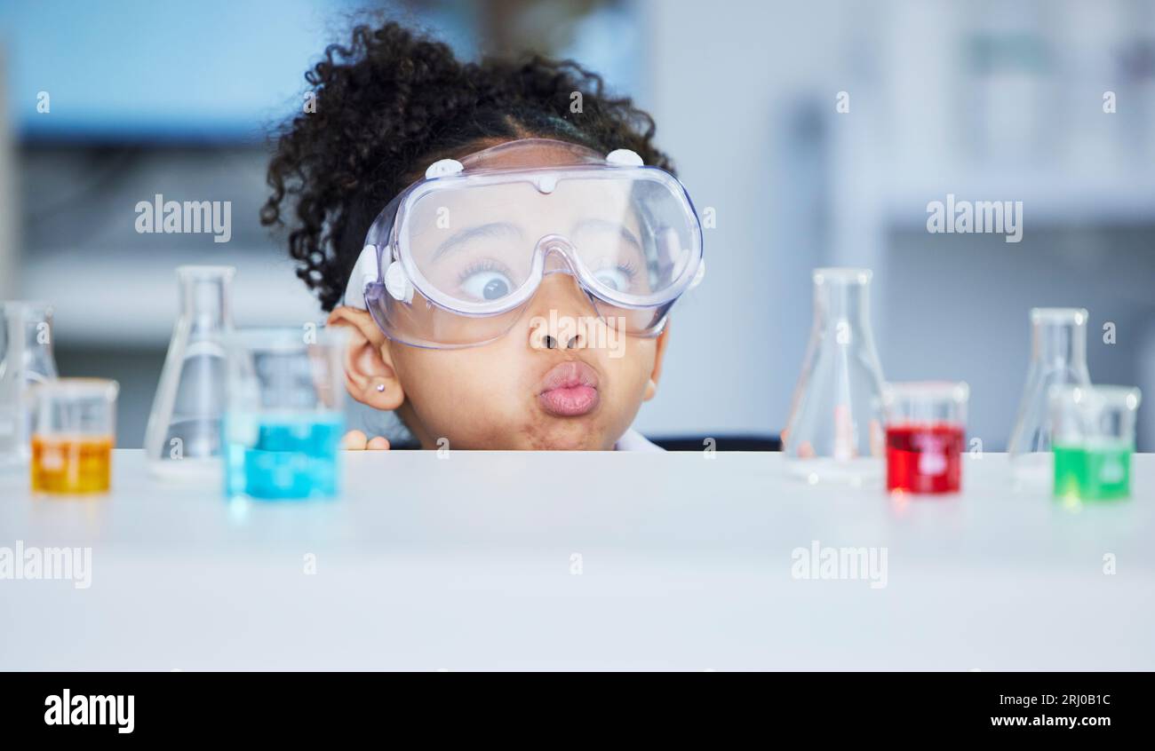 Science, learning and surprise with child in laboratory for experiment ...