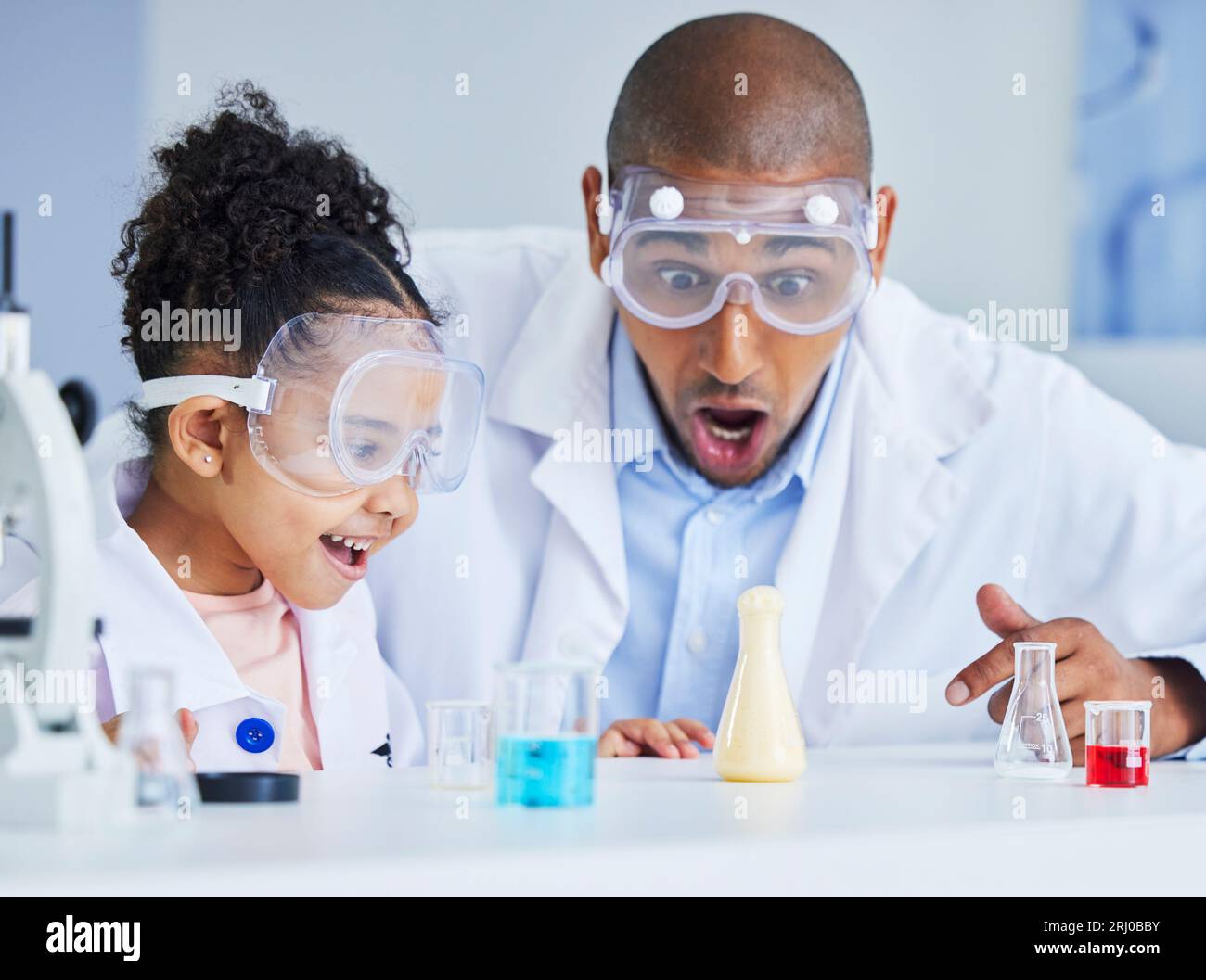 Happy, father and girl with chemistry experiment, education and ...
