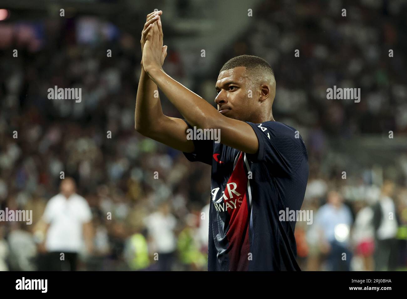 Kylian Mbappe of PSG salutes the supporters following the French ...