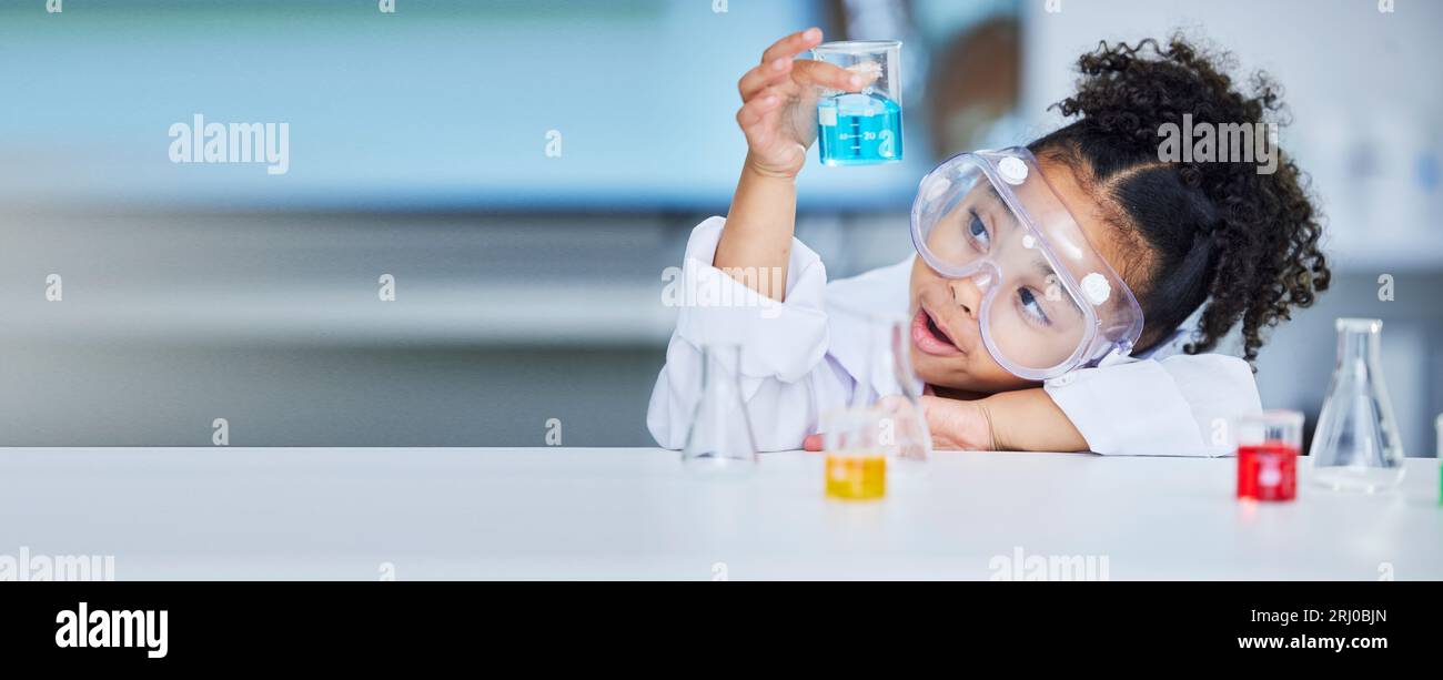 Chemistry, science and a child with liquid for research, futuristic ...