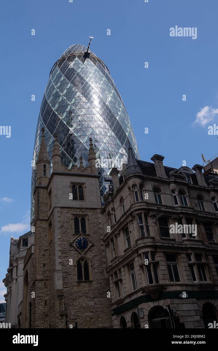 London, UK. 10th August, 2023. The contemporary Gherkin building in the ...