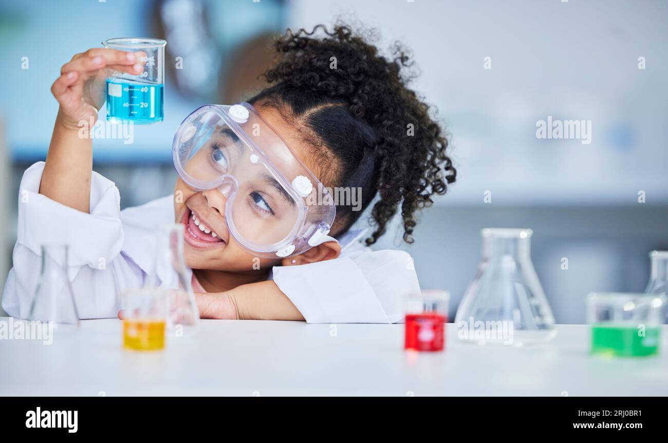 Science, eduction and smile with child in laboratory for experiment ...