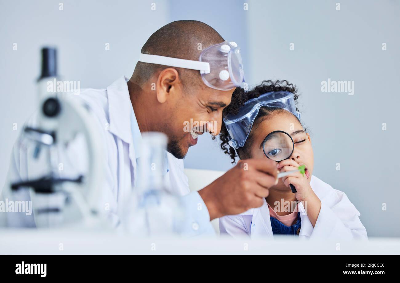 Lab study, father and child with magnifying glass for plant learning ...